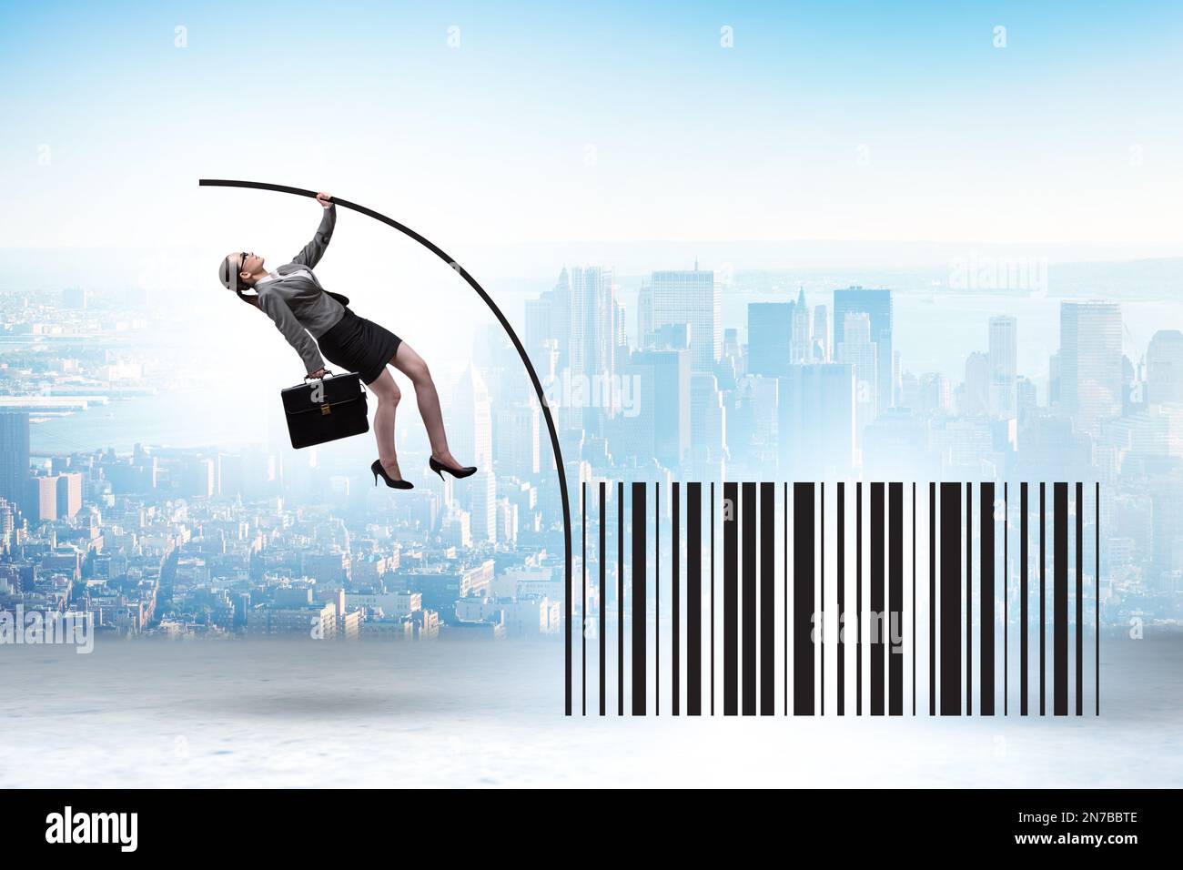 Businesswoman jumping over bar code in the pole vaulting Stock Photo ...