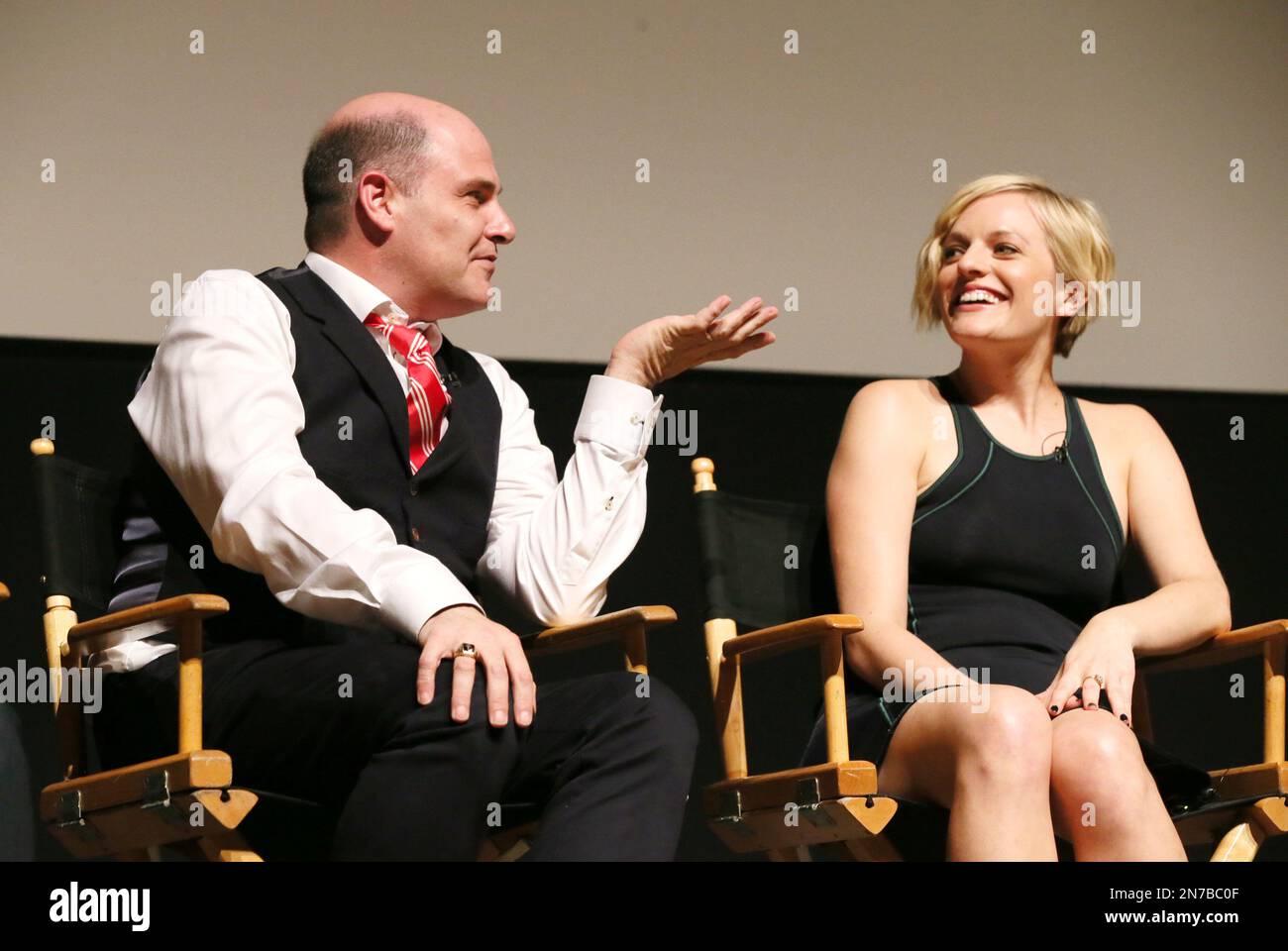 Creator Matthew Weiner, left, and Elisabeth Moss appear on stage at the ...