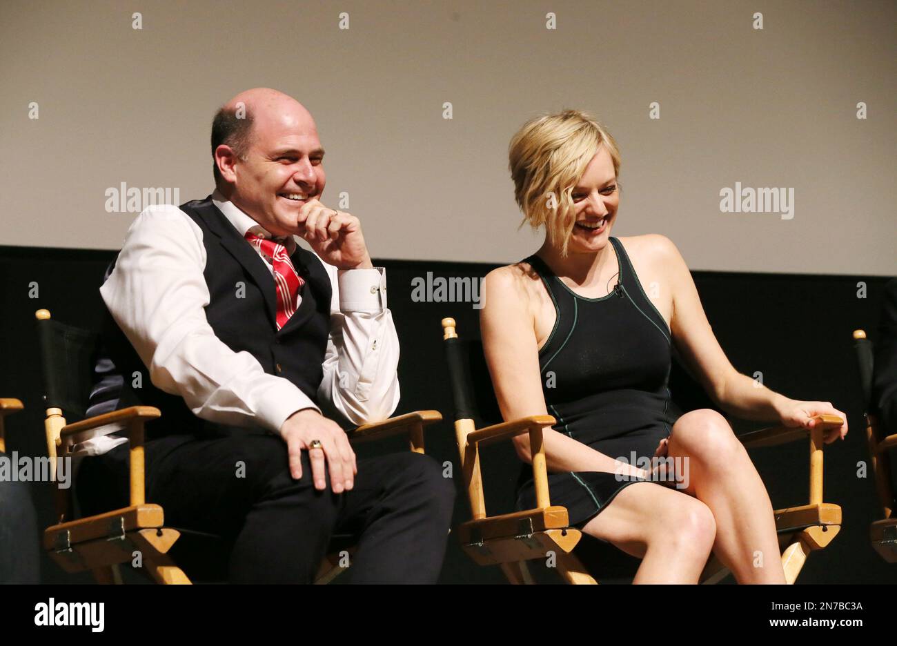 Creator Matthew Weiner, left, and Elisabeth Moss appear on stage at the ...