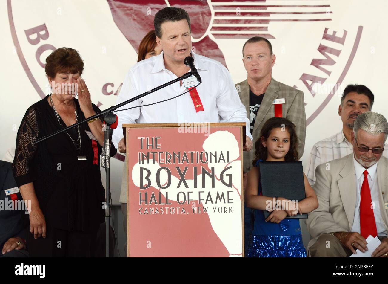 Pat Lynch, former manager of the late Arturo Gatti, gives an acceptance speech on behalf of ...