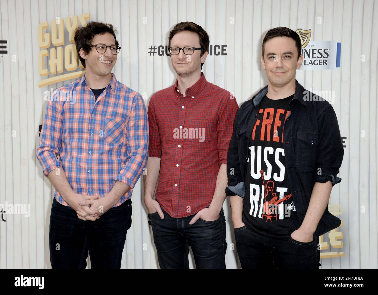 From left, Andy Samberg, Akiva Schaffer and Jorma Taccone arrive at ...