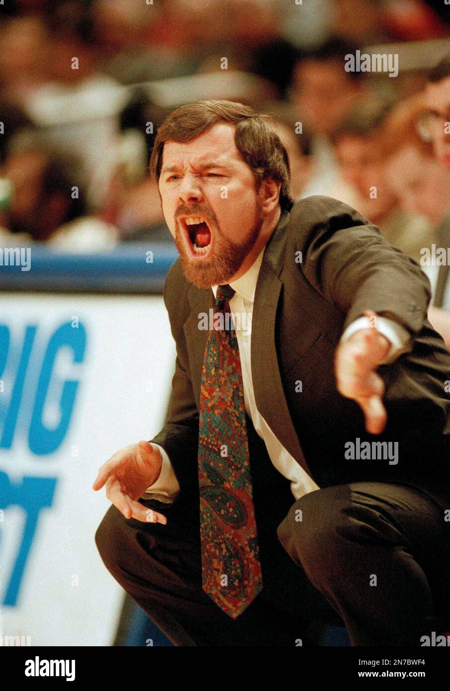 Seton Hall basketball coach P.J. Carlesimo yells from the sidelines ...