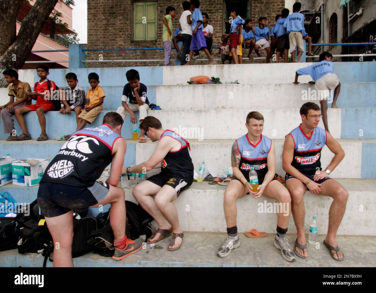Members of the British Royal Air Force (RAF) Spitfire Rugby team watch ...