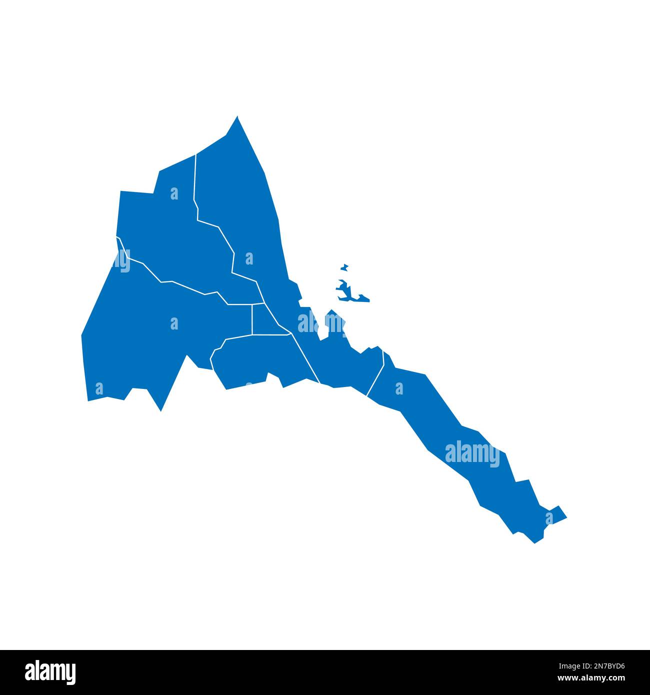 Eritrea political map of administrative divisions - regions. Solid blue blank vector map with ...