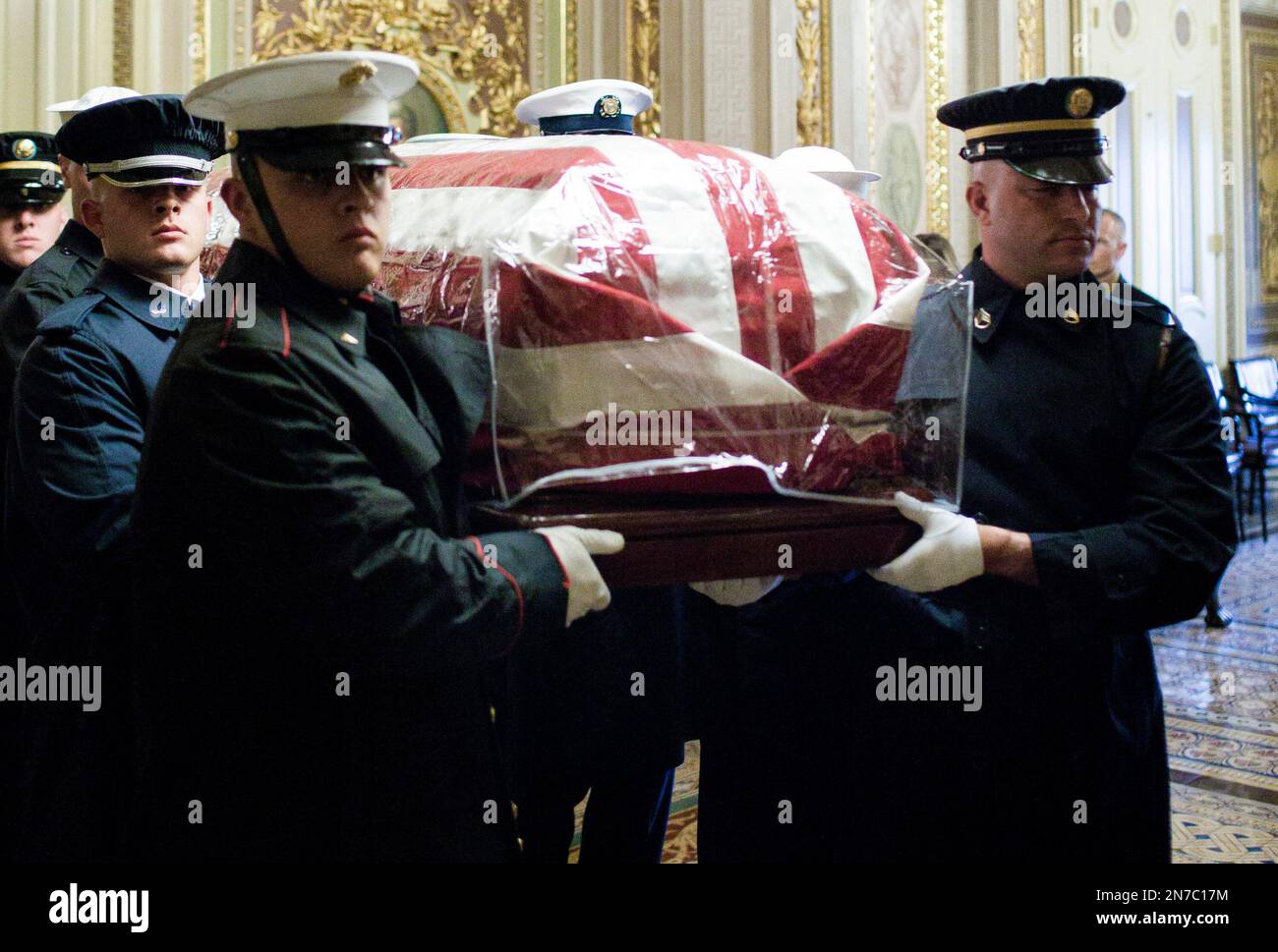 The casket bearing the late New Jersey Sen. Frank Lautenberg is carried ...