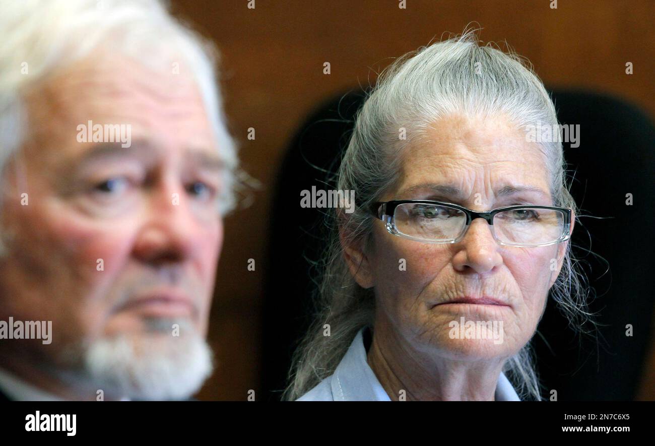 Leslie Van Houten appears during her parole hearing, with her attorney ...