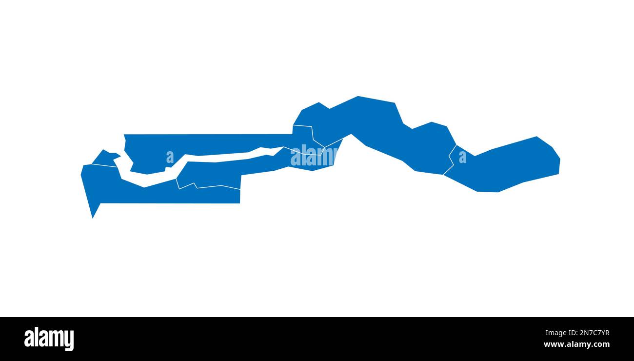 The Gambia political map of administrative divisions - regions and city of Banjul. Solid blue ...