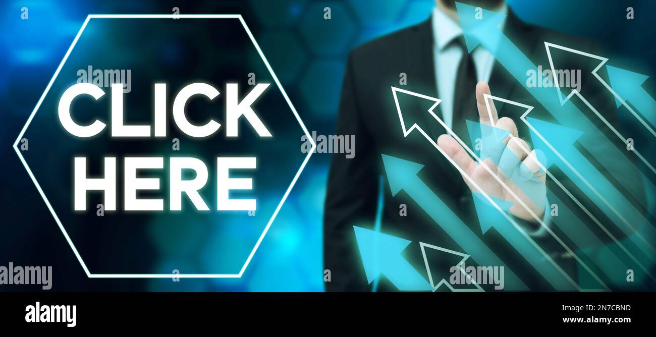 Hand writing sign Click Here. Word for carry out a computer operation ...