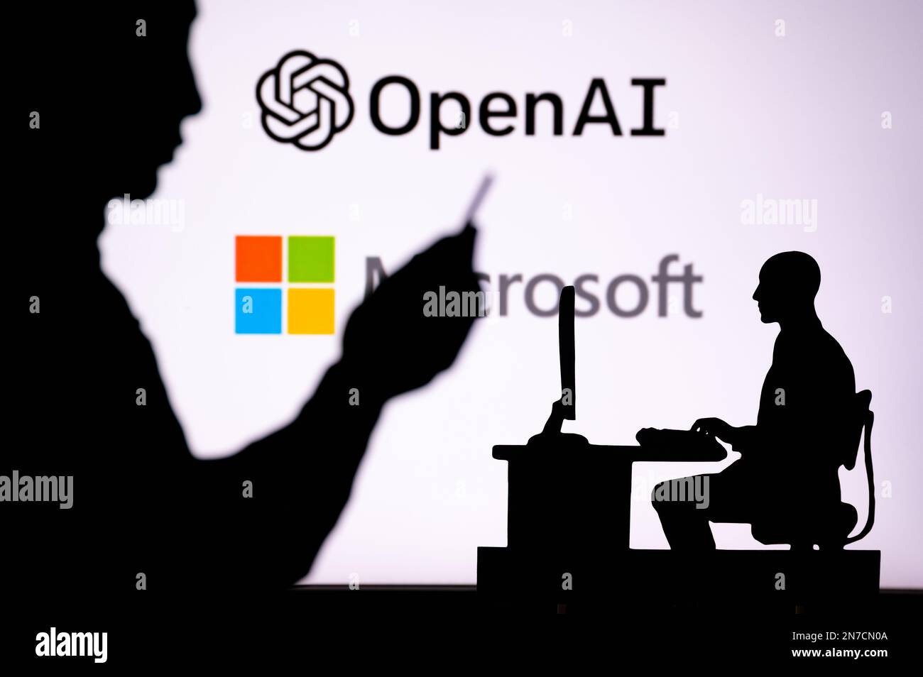 USA, WASHINGTON, JANUARY 30, 2023: Open AI and Misrosoft. Balancing the ...
