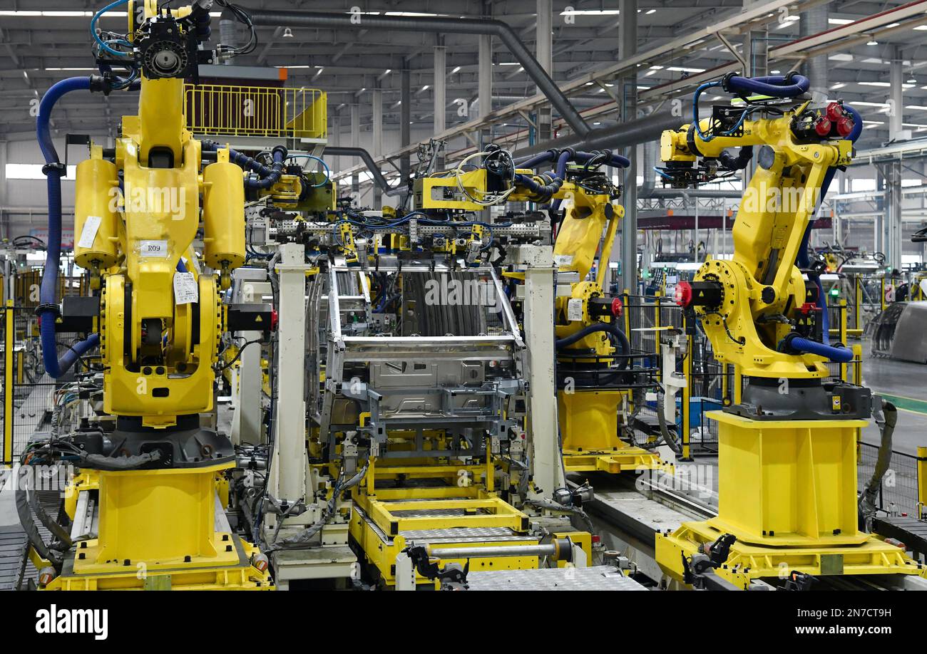 ZOUPING, CHINA - FEBRUARY 9, 2023 - A robot rivets an all-aluminum ...