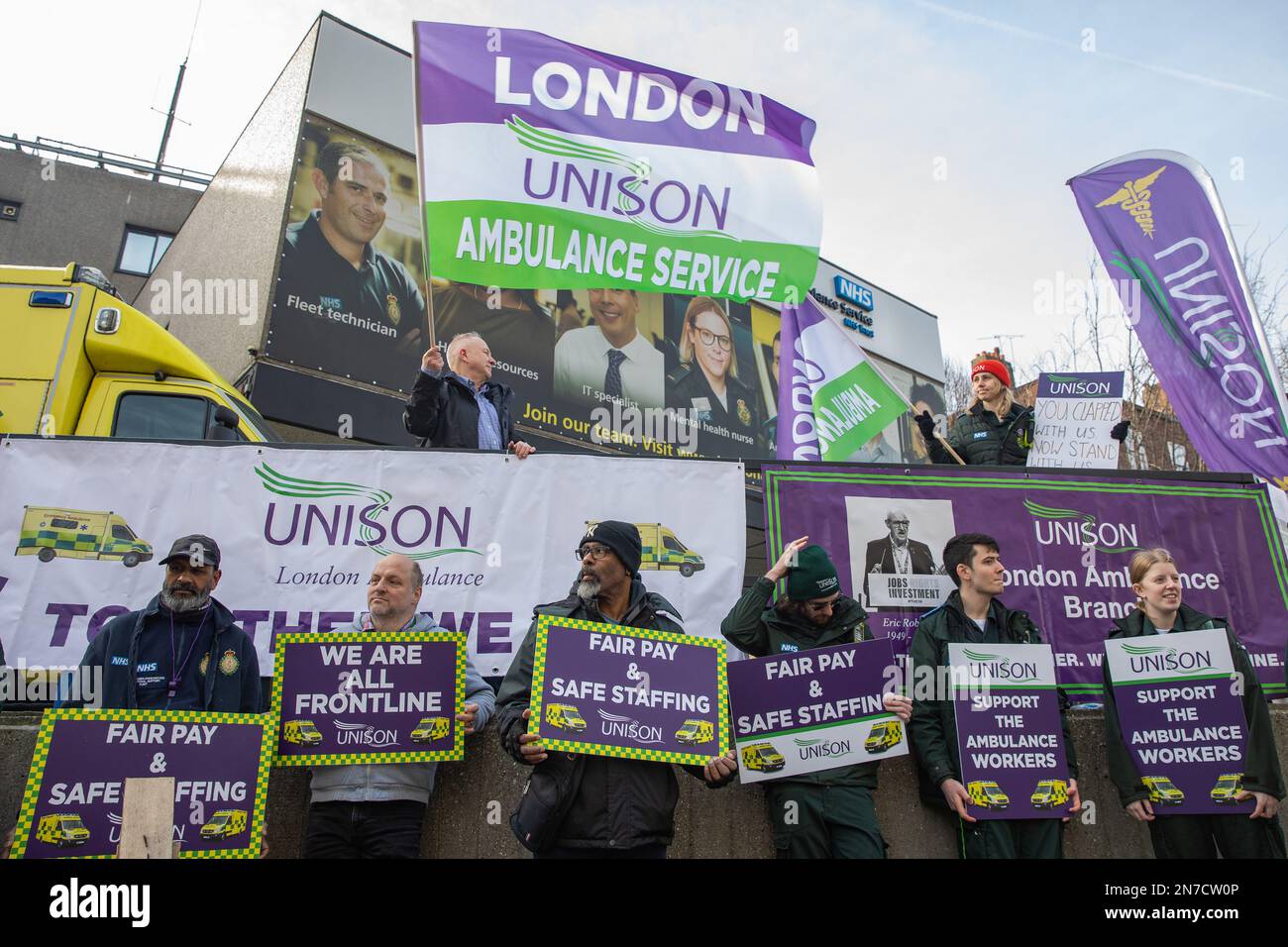 London, UK. 10th February, 2023. Striking ambulance workers represented ...