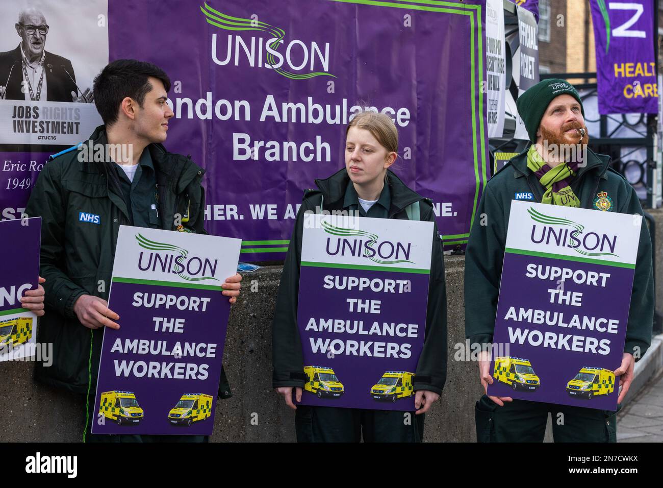 London, UK. 10th February, 2023. Striking ambulance workers represented ...