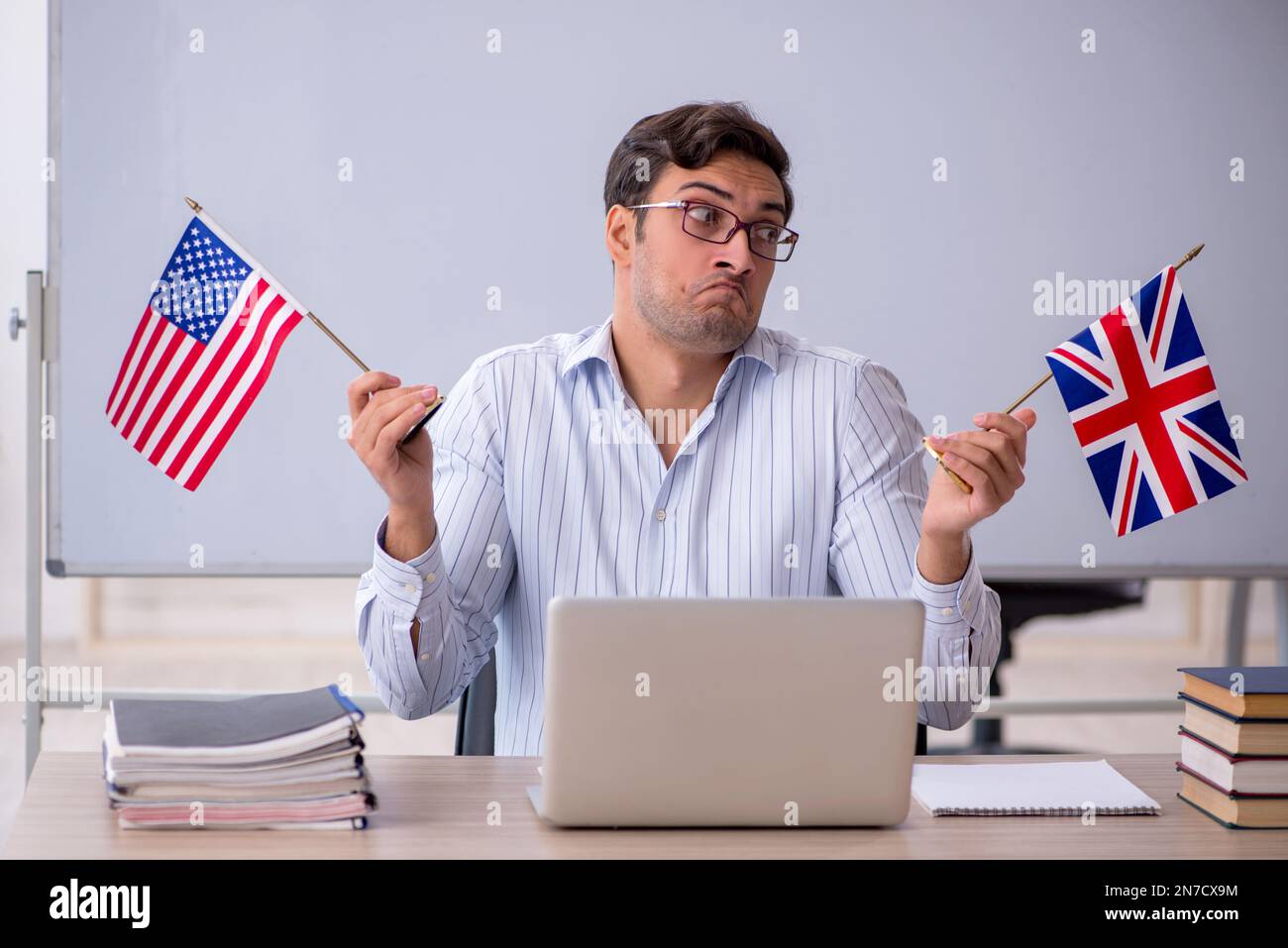 Young english language teacher in the classroom Stock Photo - Alamy