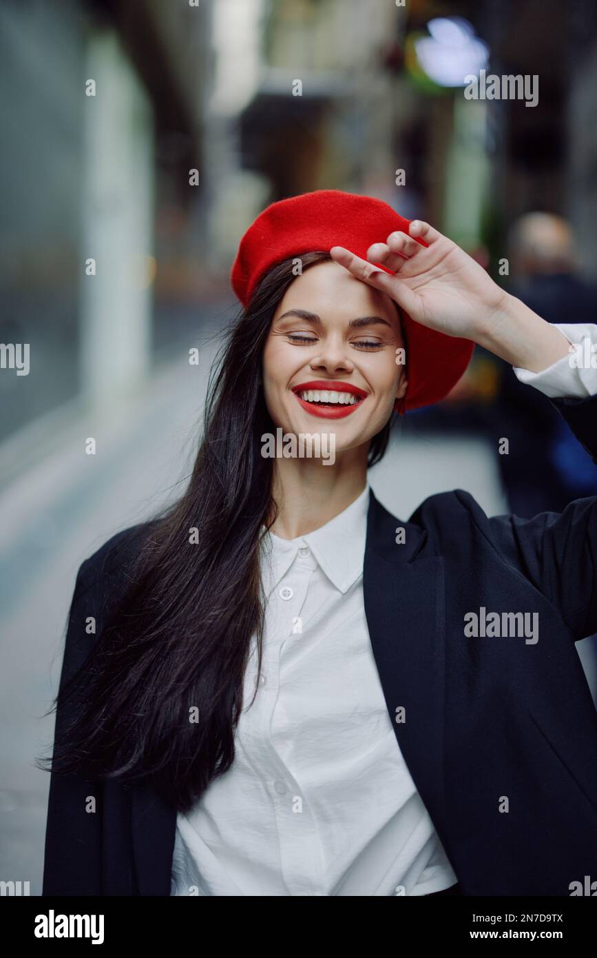 Fashion woman smile with teeth portrait stroll tourist in stylish ...