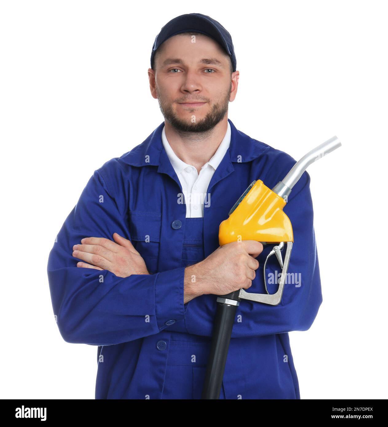 Gas station worker with fuel nozzle on white background Stock Photo - Alamy