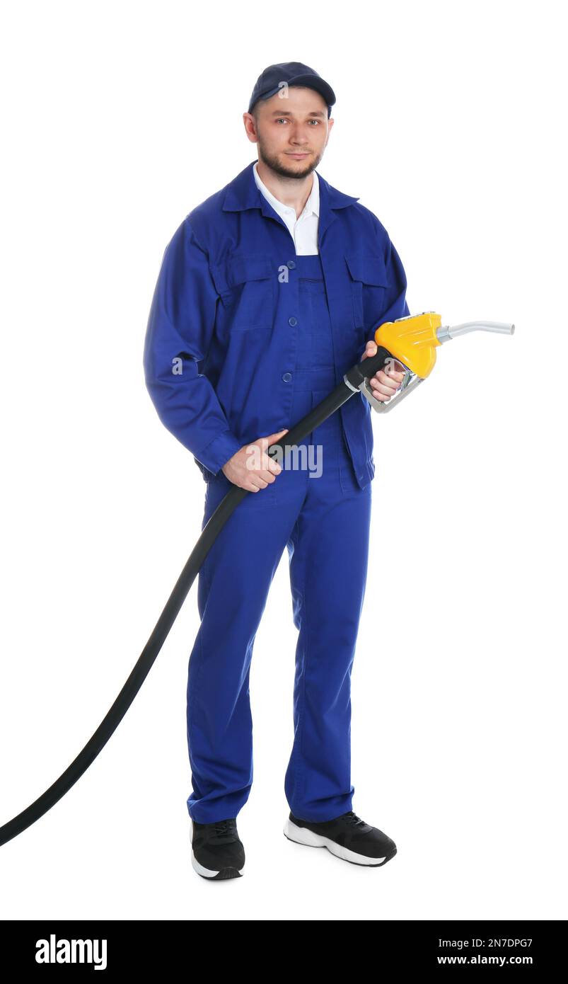Gas station worker with fuel nozzle on white background Stock Photo - Alamy