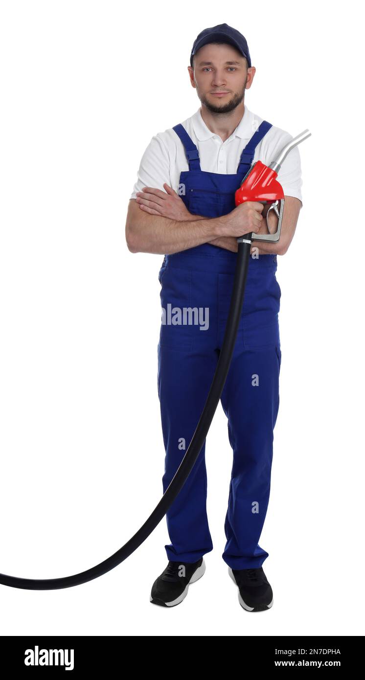 Gas station worker with fuel nozzle on white background Stock Photo - Alamy