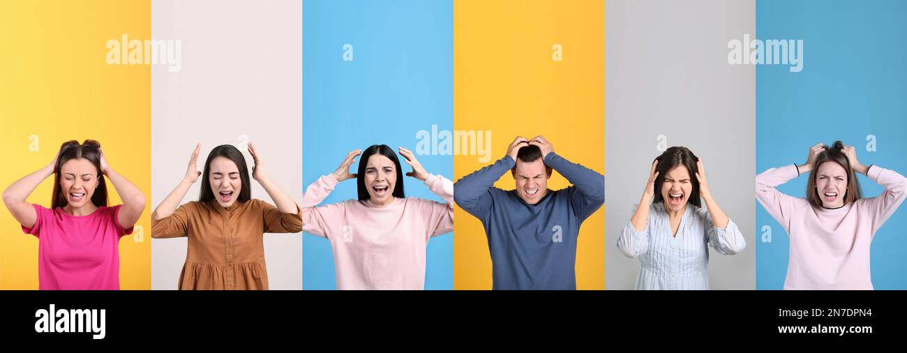 Collage with photos of stressed people on color backgrounds Stock Photo ...