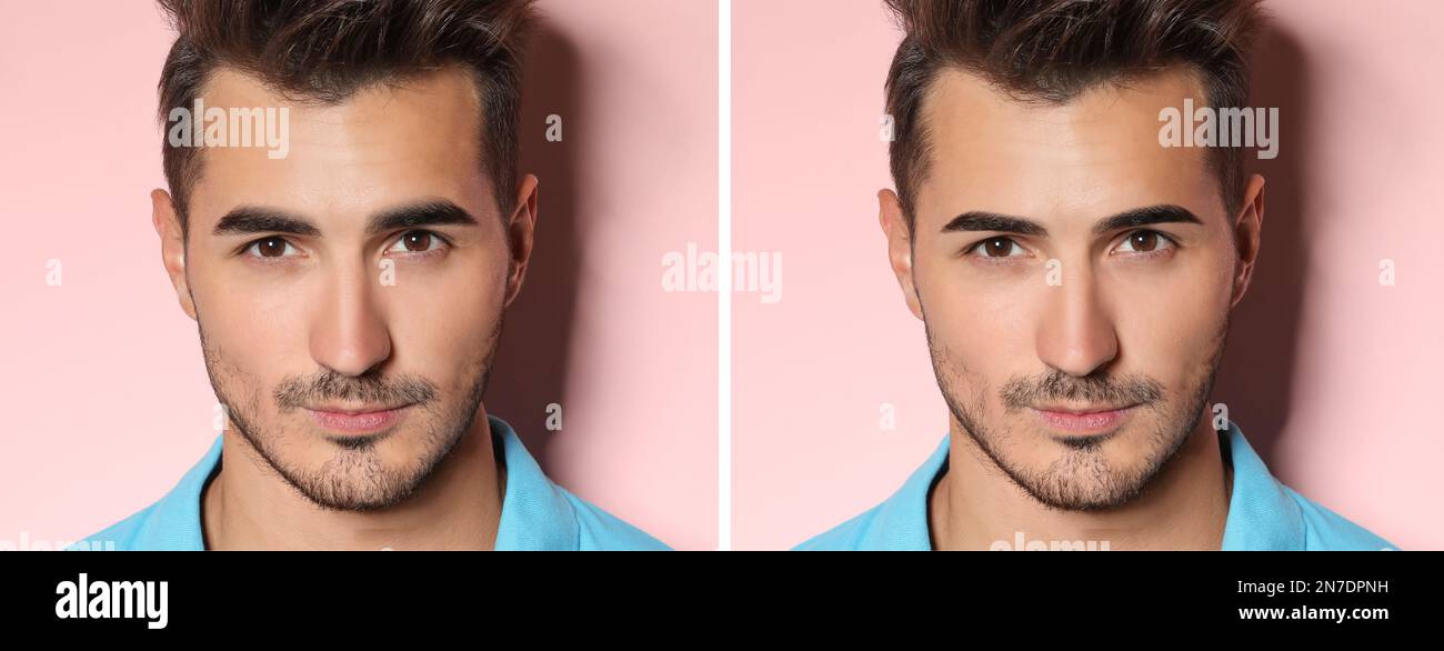 Collage with photos of man before and after eyebrow modeling on pink ...