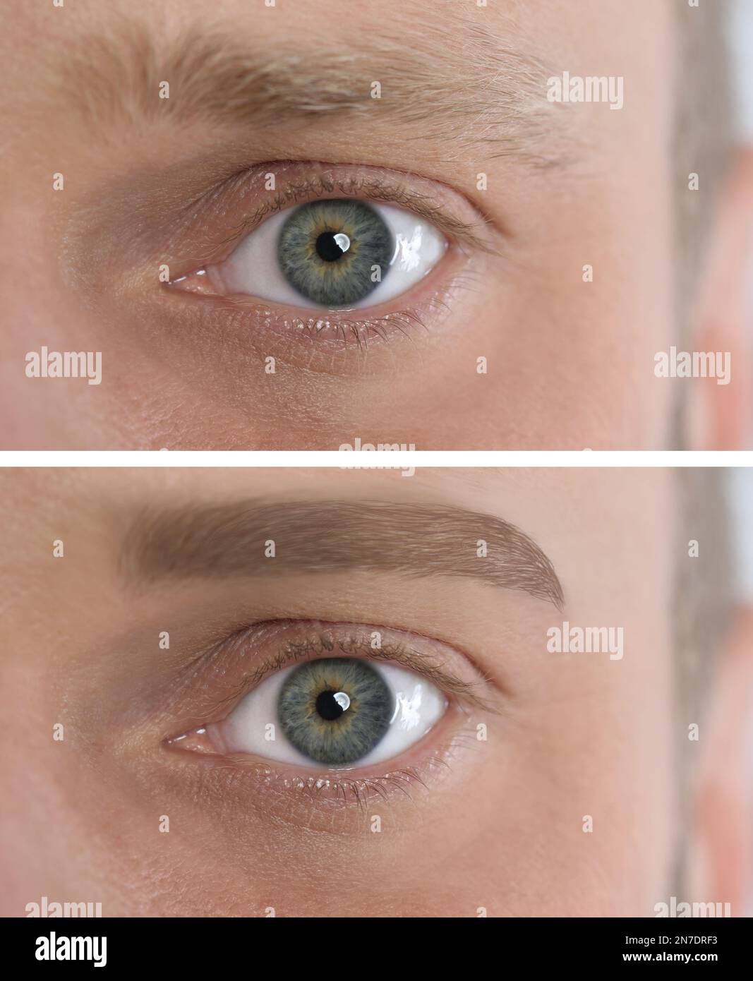 Collage with photos of man before and after eyebrow modeling, closeup ...