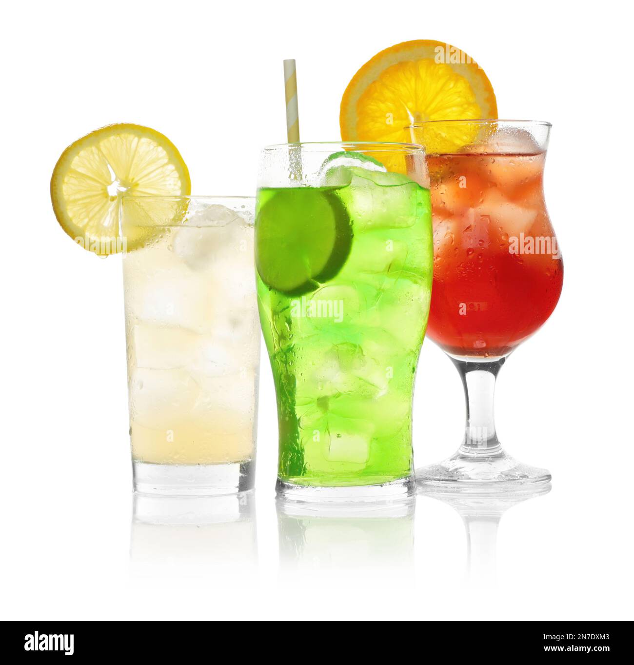 Delicious refreshing drinks in glasses on white background Stock Photo ...