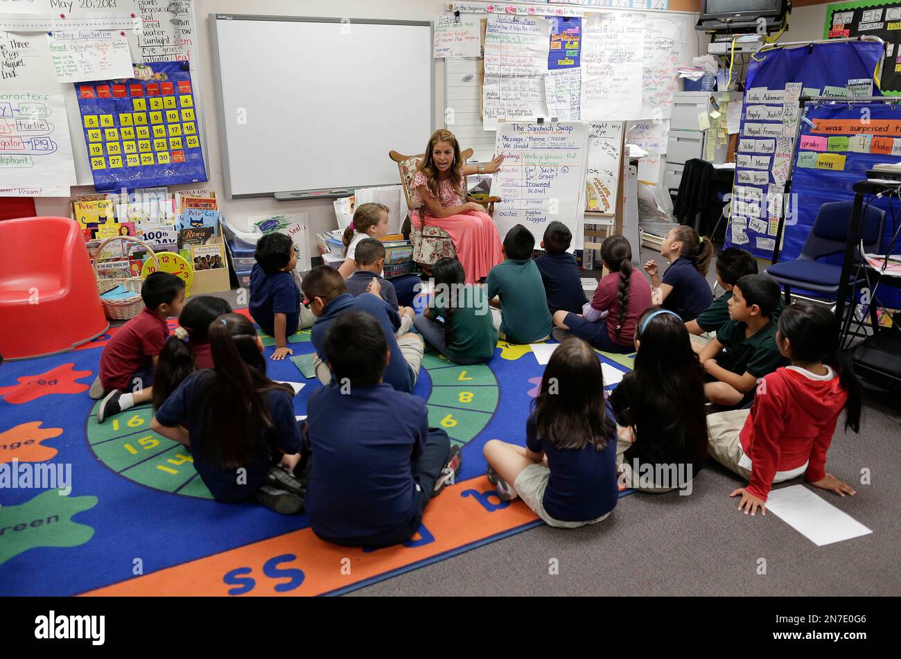 In this Thursday, May 23, 2013 photo, first grade teacher Lisa Cabrera ...