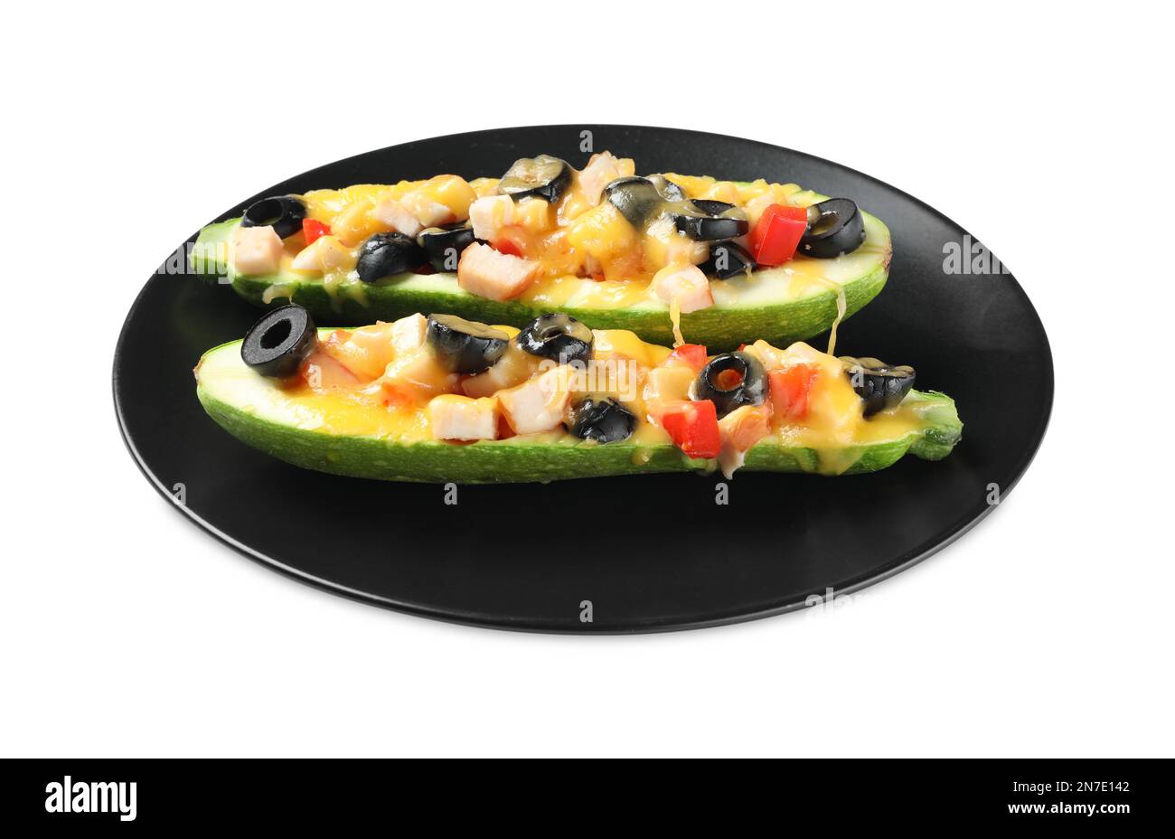 Plate of delicious stuffed zucchini on white background Stock Photo - Alamy