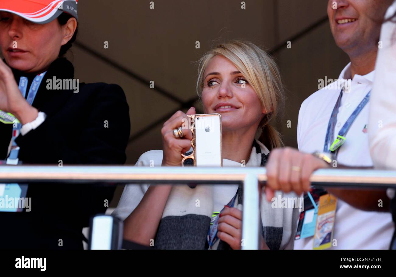 US actress Cameron Diaz watches in the pits prior to the start of the ...