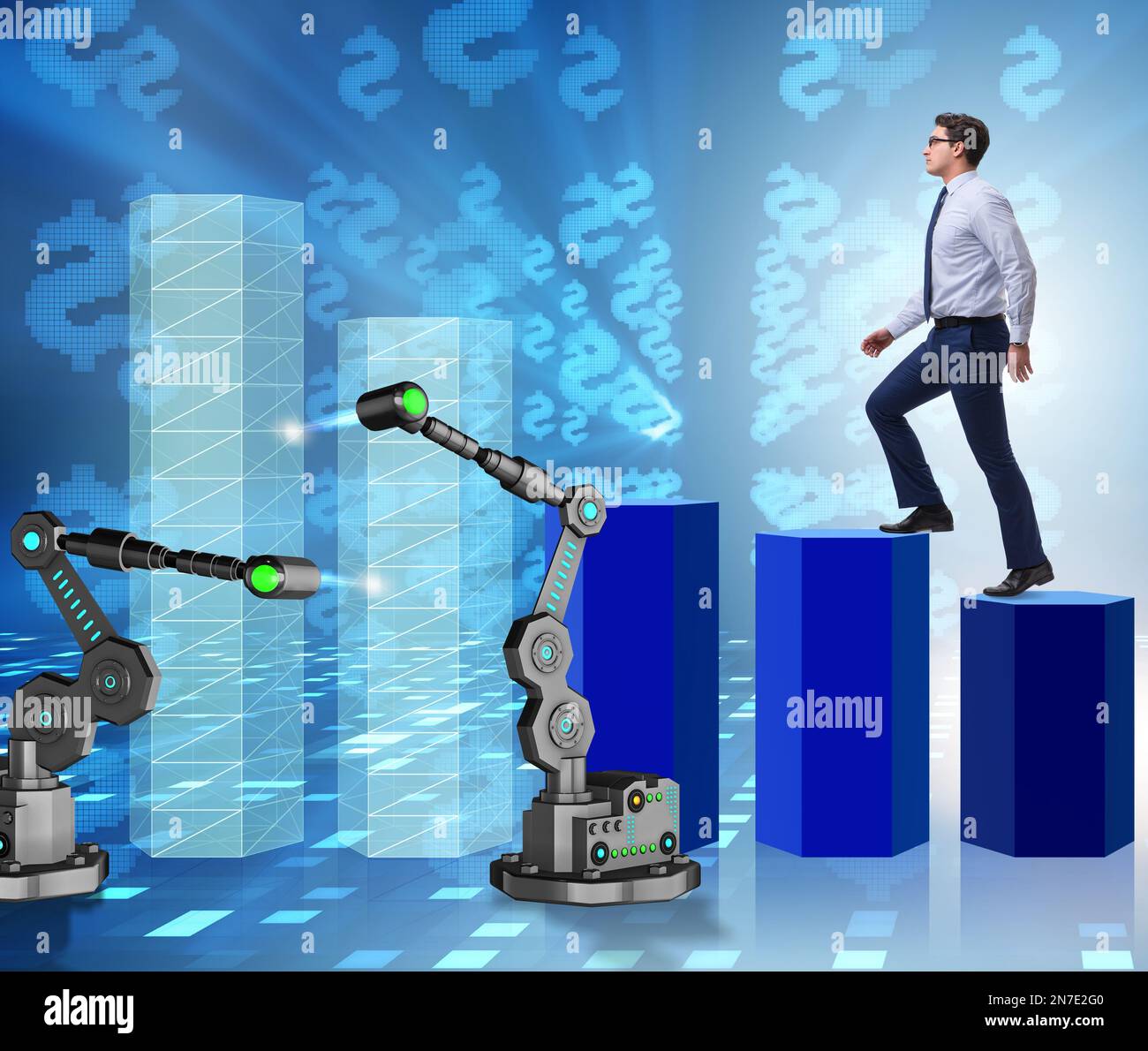 The businessman walking up the chart supported by robotic arm Stock ...