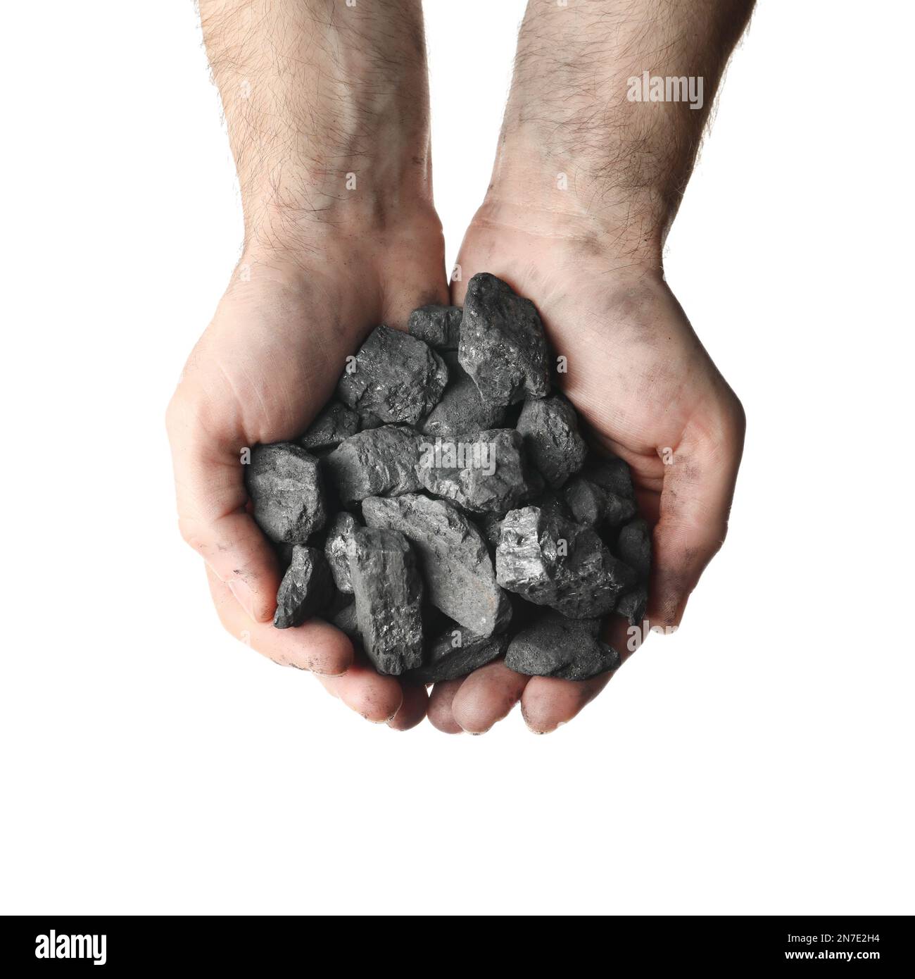 Man holding coal in hands on white background, top view Stock Photo - Alamy