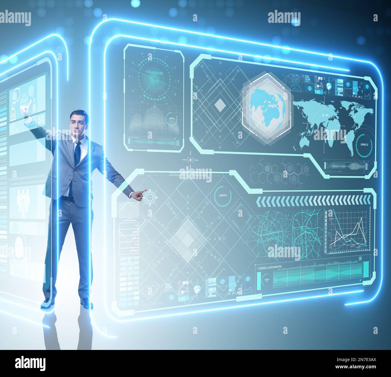 The man pressing virtual button in data mining concept Stock Photo - Alamy