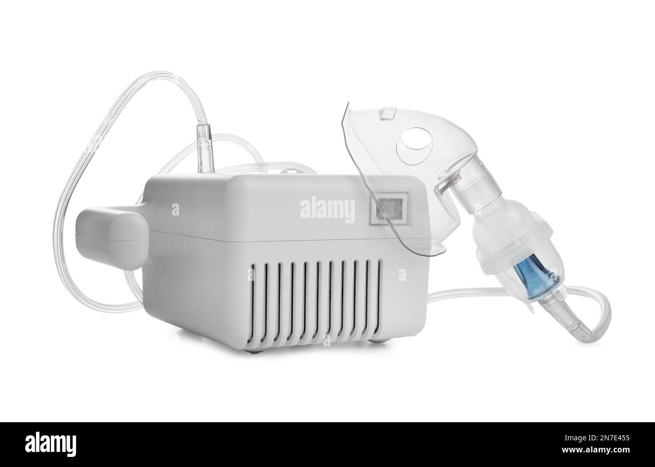 Modern nebulizer with face mask on white background. Inhalation ...