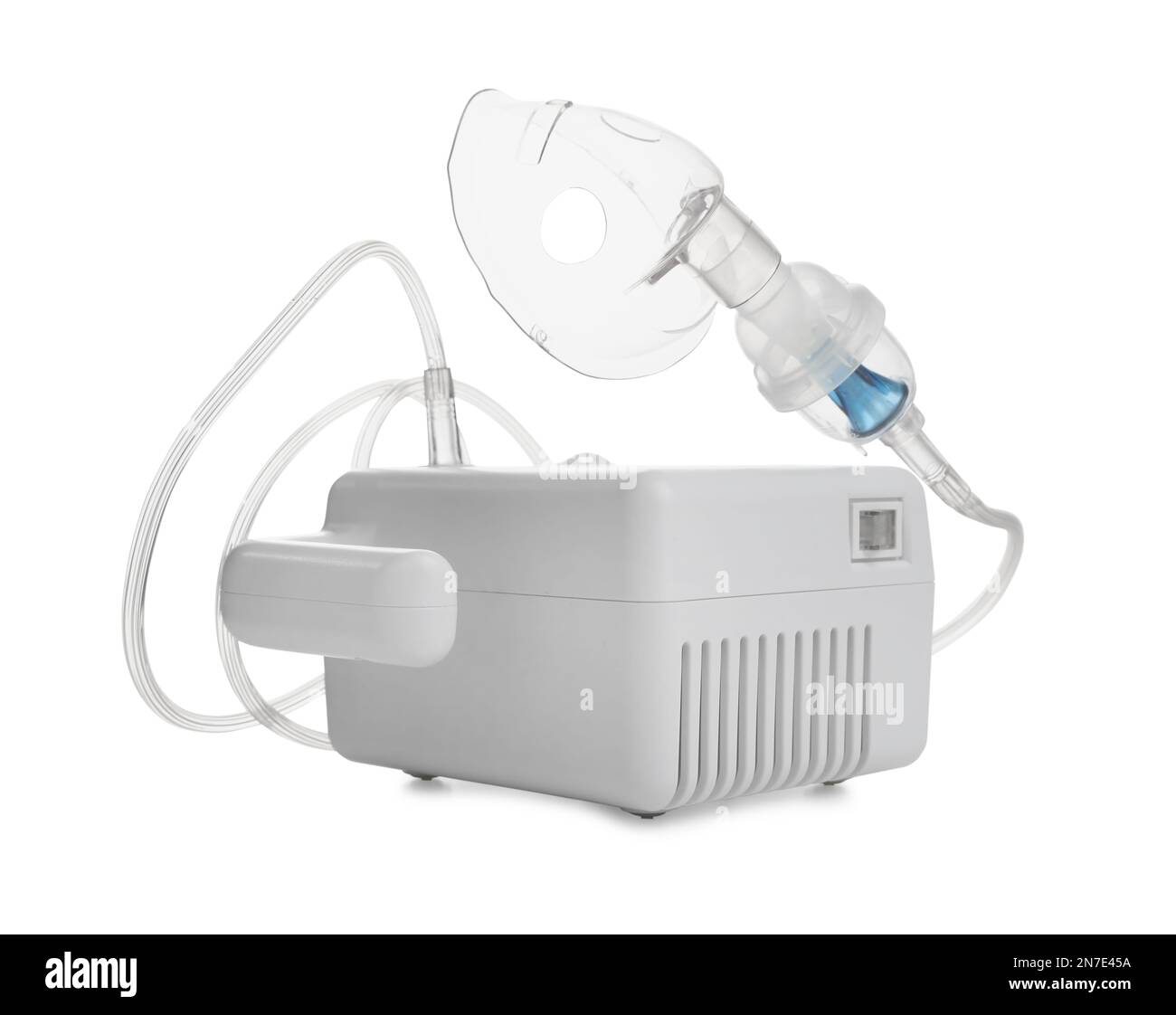 Modern nebulizer with face mask on white background. Inhalation ...