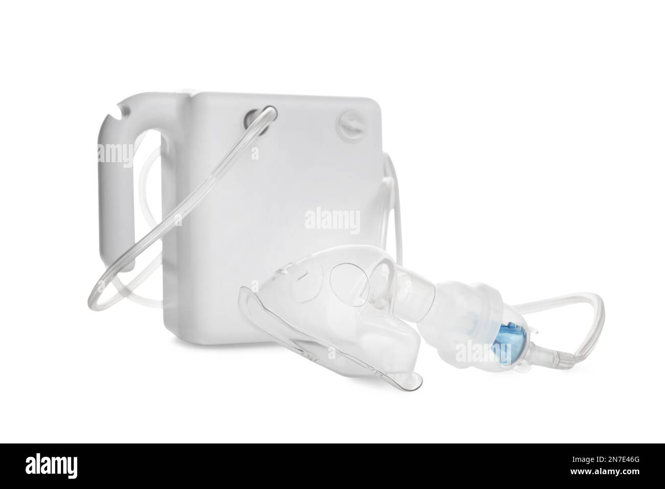 Modern nebulizer with face mask on white background. Inhalation ...