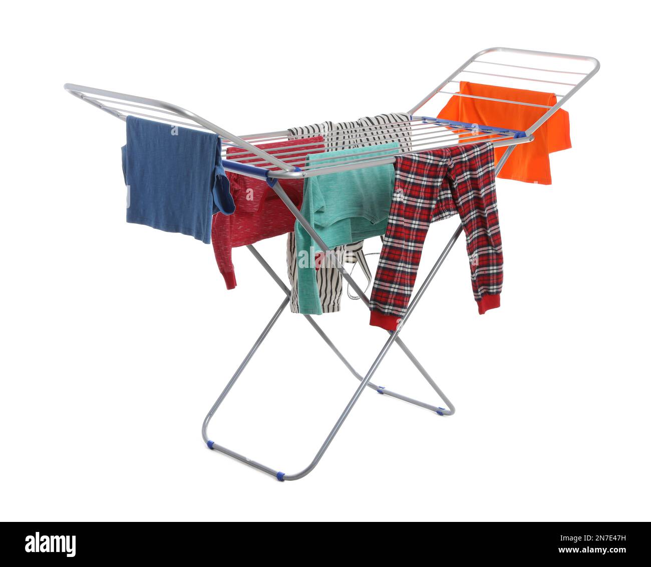 Modern drying rack with clothes on white background Stock Photo - Alamy