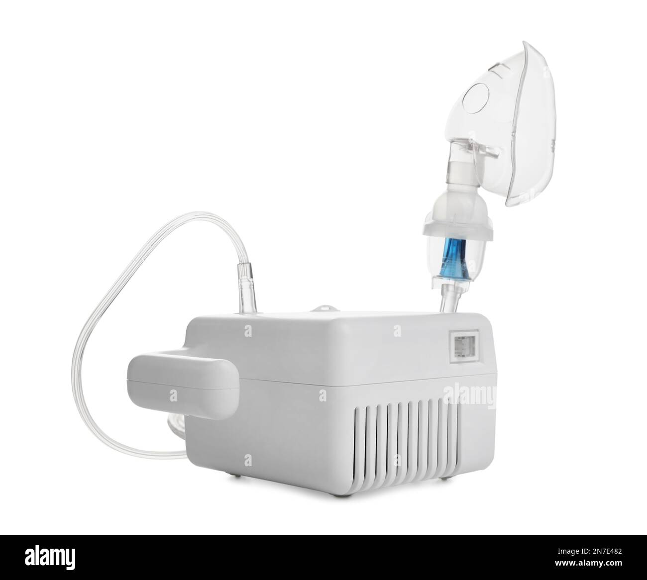 Modern nebulizer with face mask on white background. Inhalation ...