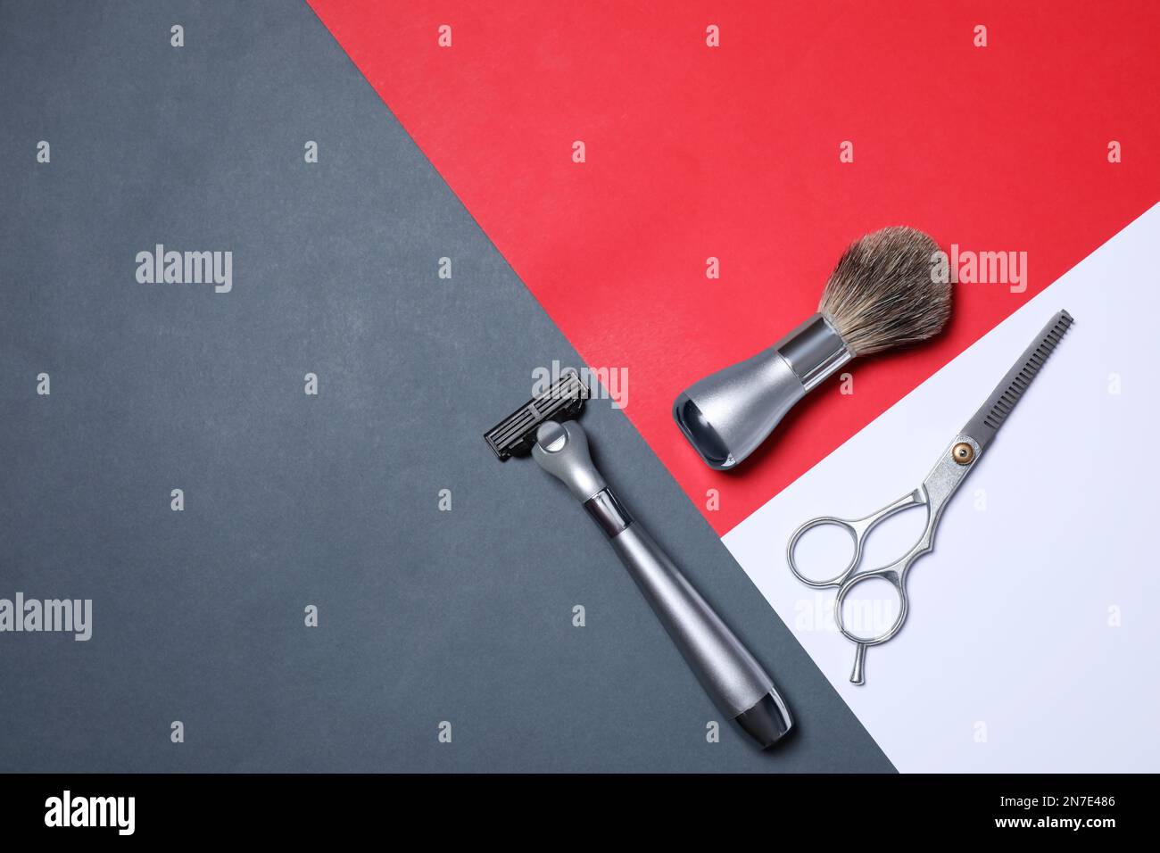 Set of shaving tools on color background, flat lay. Space for text ...