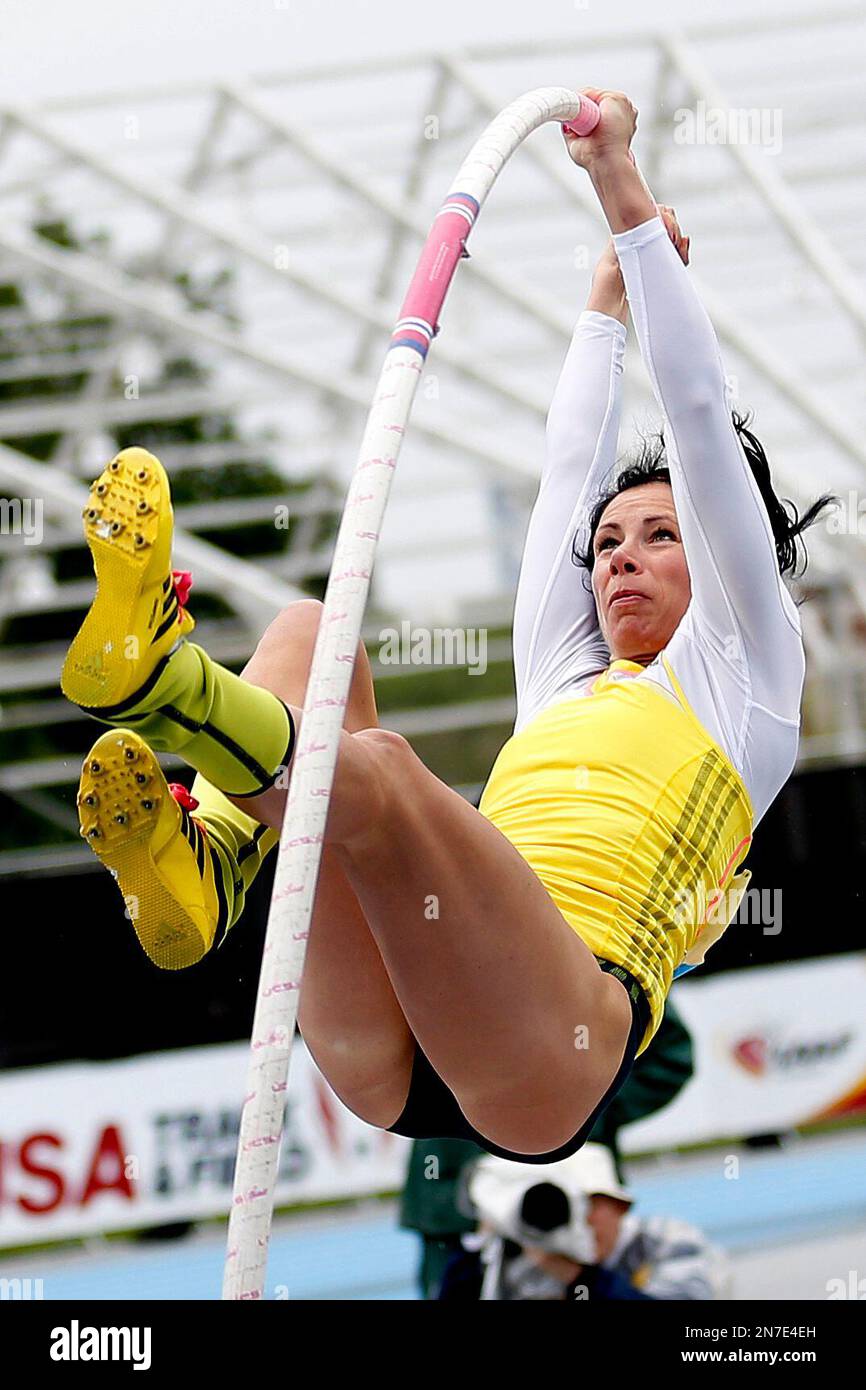 Jenn Suhr, representing the USA, competes in the Women's Pole Vault ...