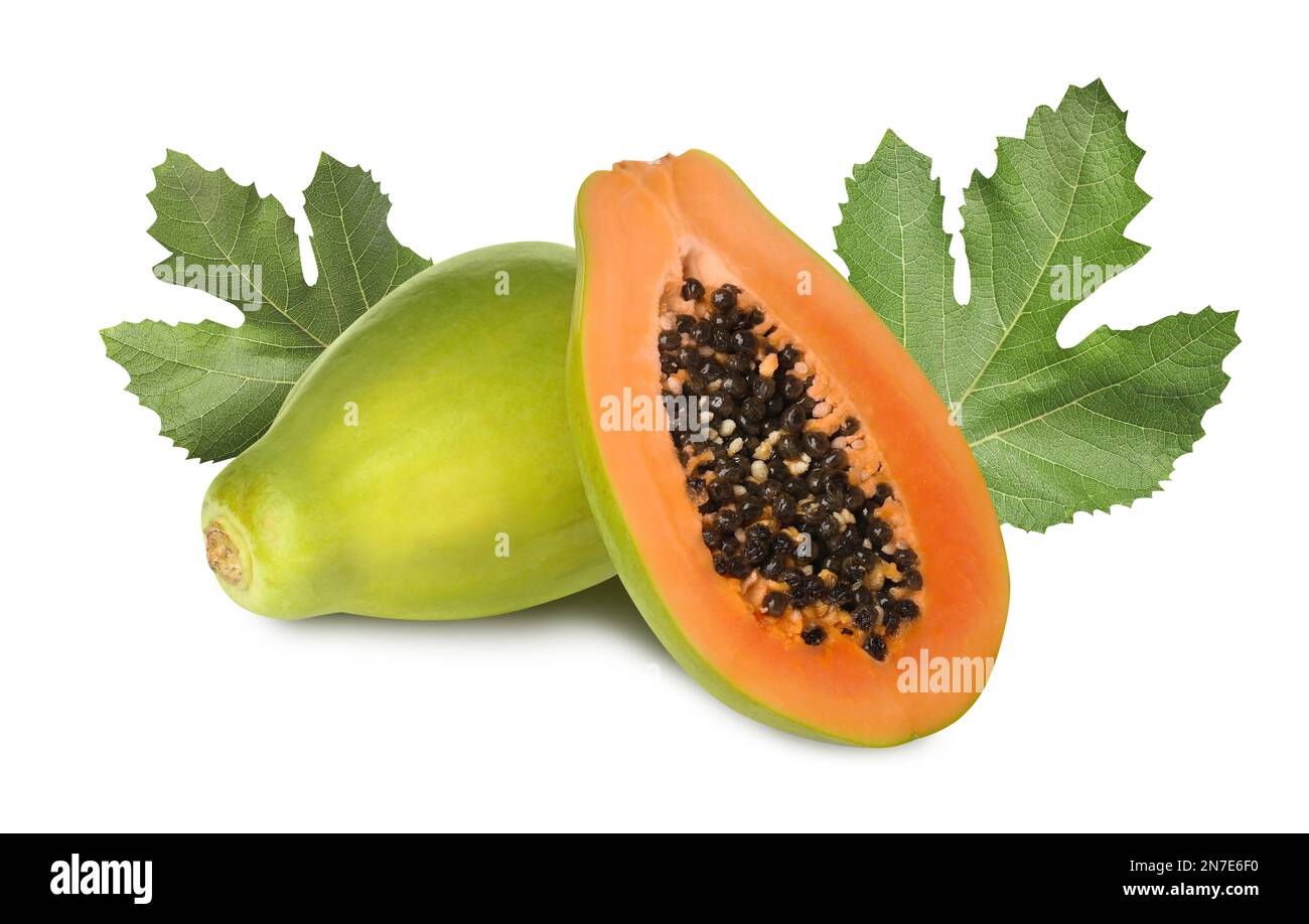 Fresh ripe papaya fruits and green leaves on white background Stock ...