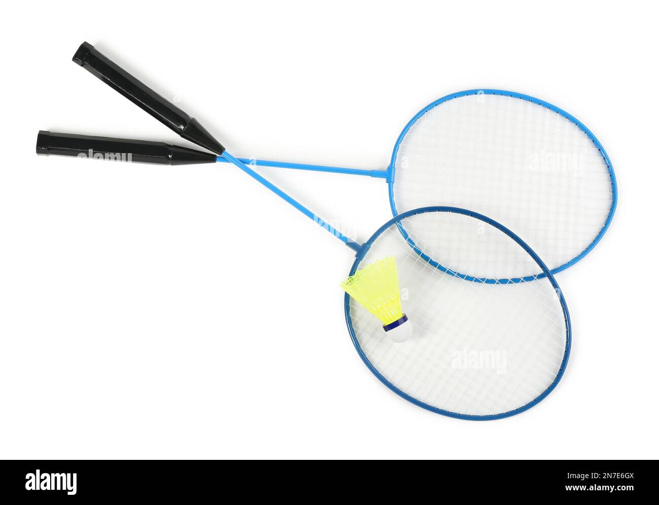 Rackets and shuttlecock on white background, top view. Badminton ...