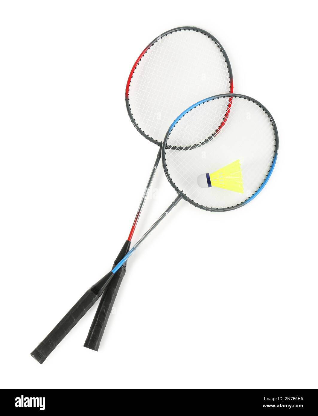 Rackets and shuttlecock on white background, top view. Badminton ...