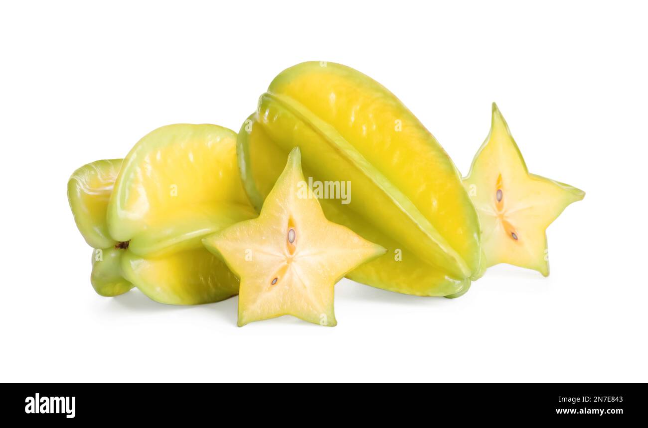 Cut and whole carambolas on white background Stock Photo - Alamy