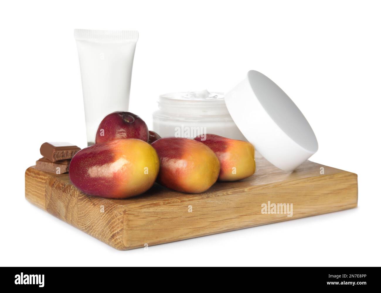 Fresh ripe palm oil fruits, chocolate and cosmetic products on white ...