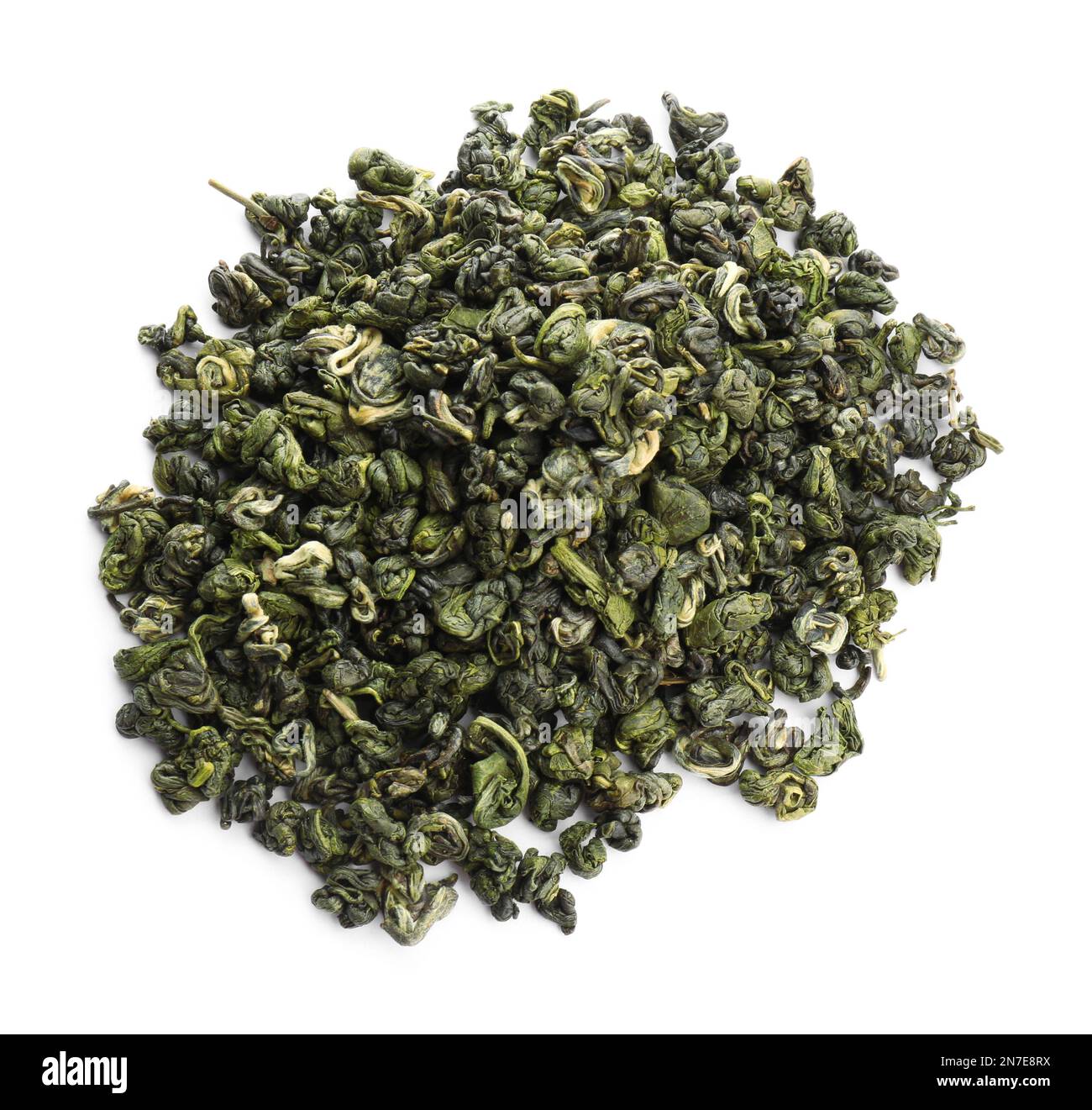 Pile of dried green tea leaves on white background, top view Stock ...