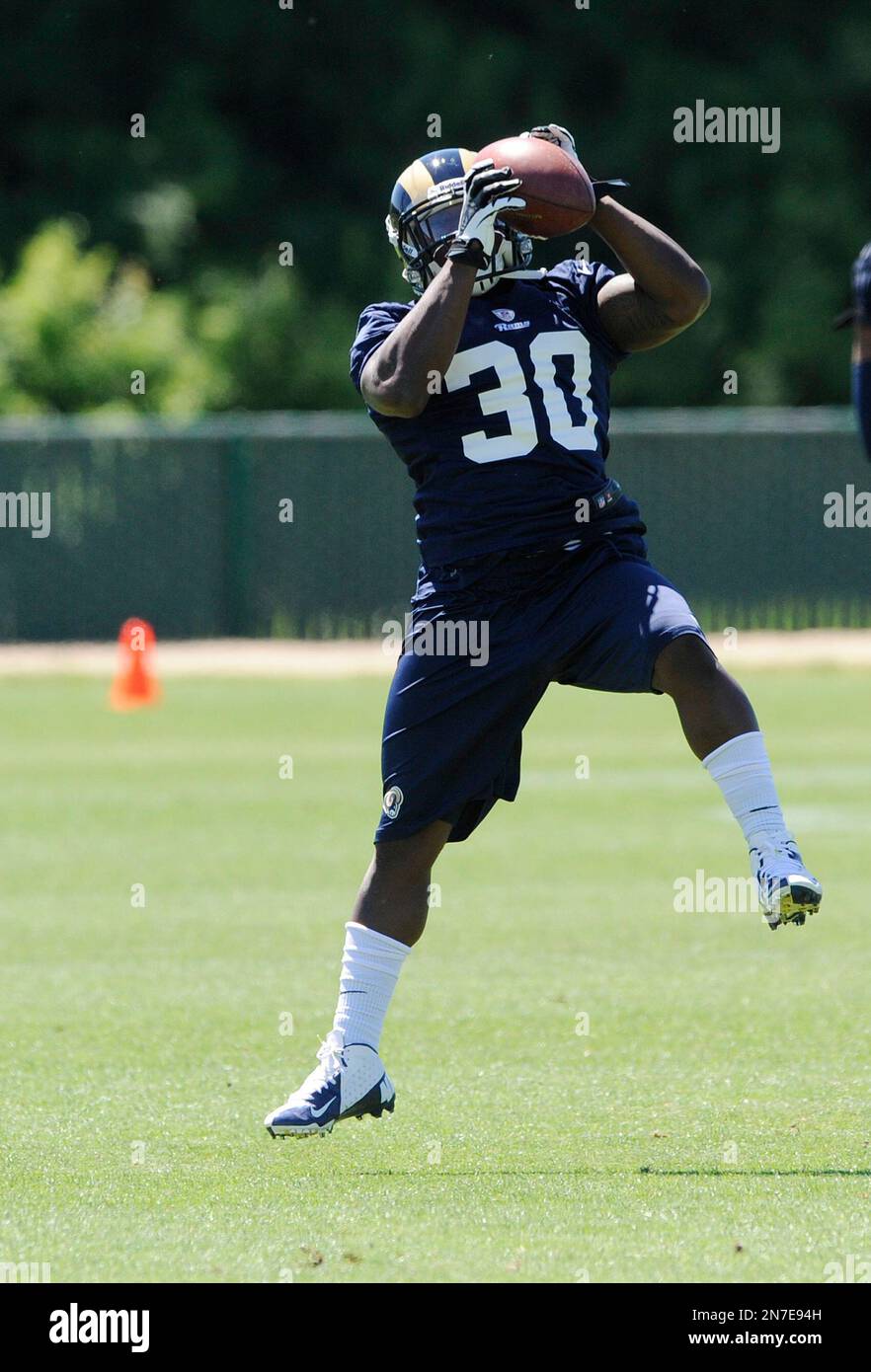 St Louis Ram's Zac Stacy catches a pass during NFL football practice ...
