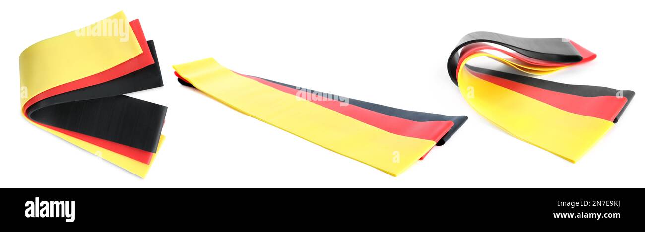 Set of different fitness elastic bands on white background, banner ...