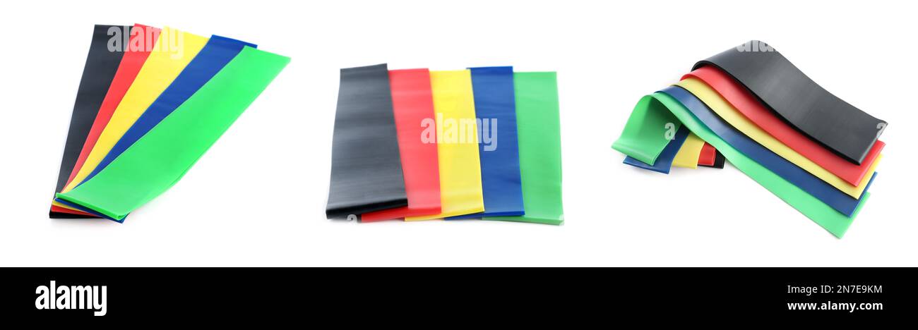 Set of different fitness elastic bands on white background, banner ...