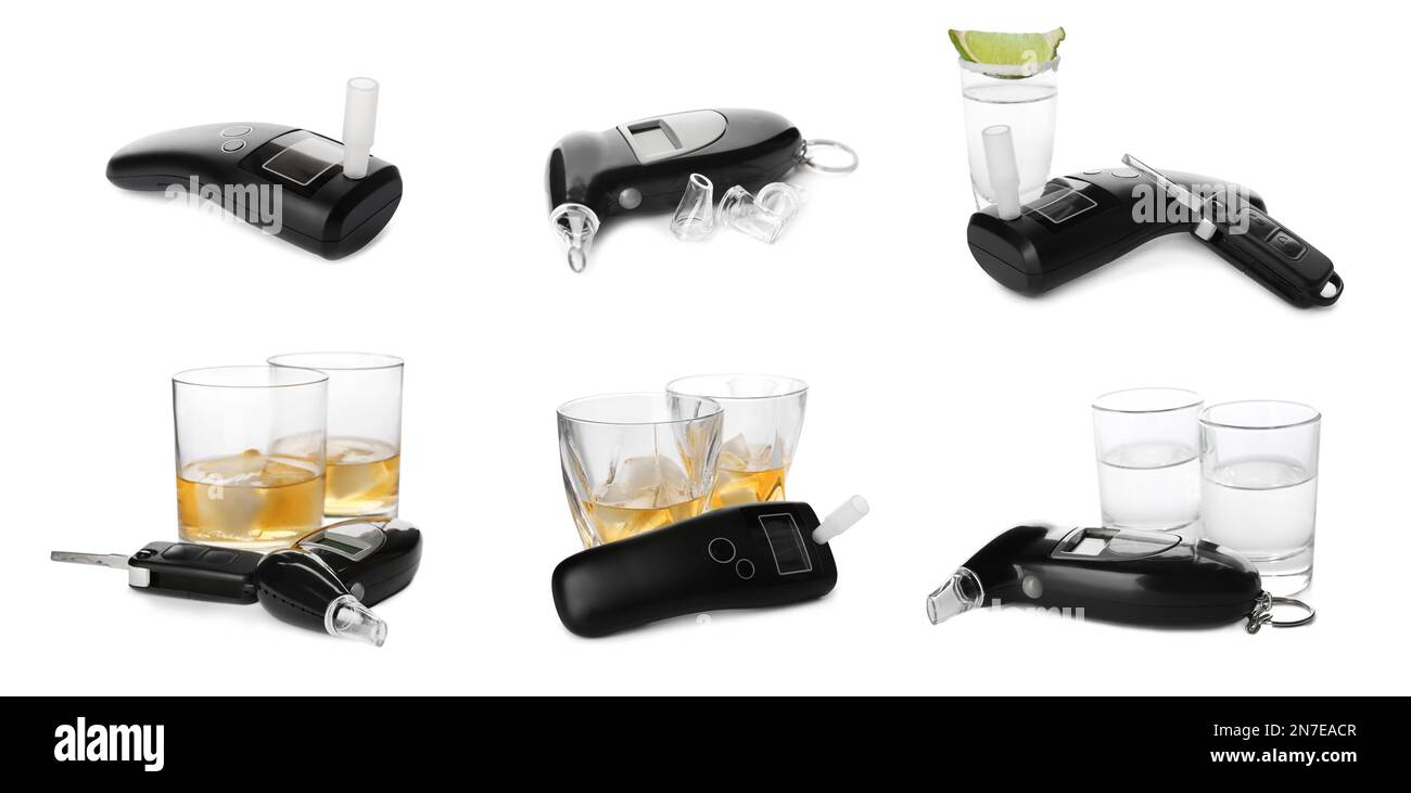 Set with modern digital breathalyzers on white background, banner ...