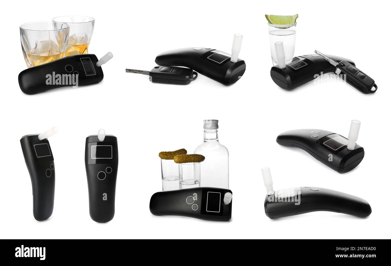 Set with modern digital breathalyzers on white background Stock Photo ...
