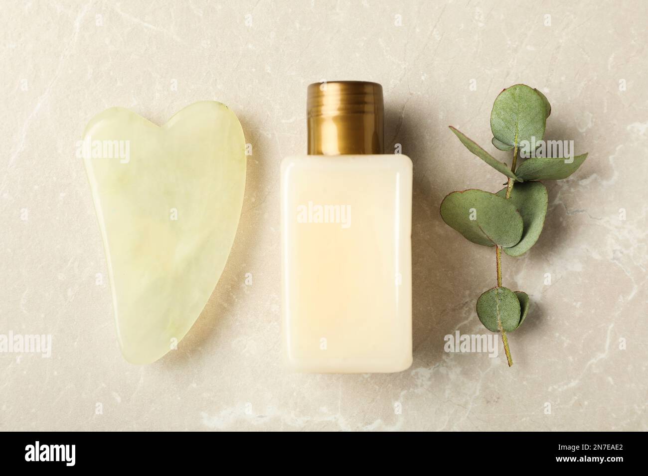 Jade gua sha tool, eucalyptus branch and cosmetic product on grey table ...